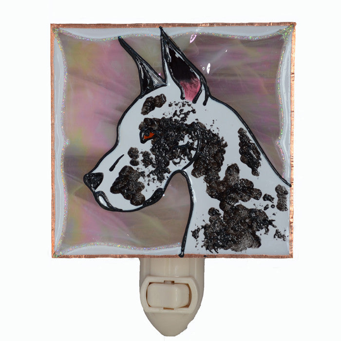"Stained Glass Great Dane Night Light" - Harlequin Dane, w/peach backg ...